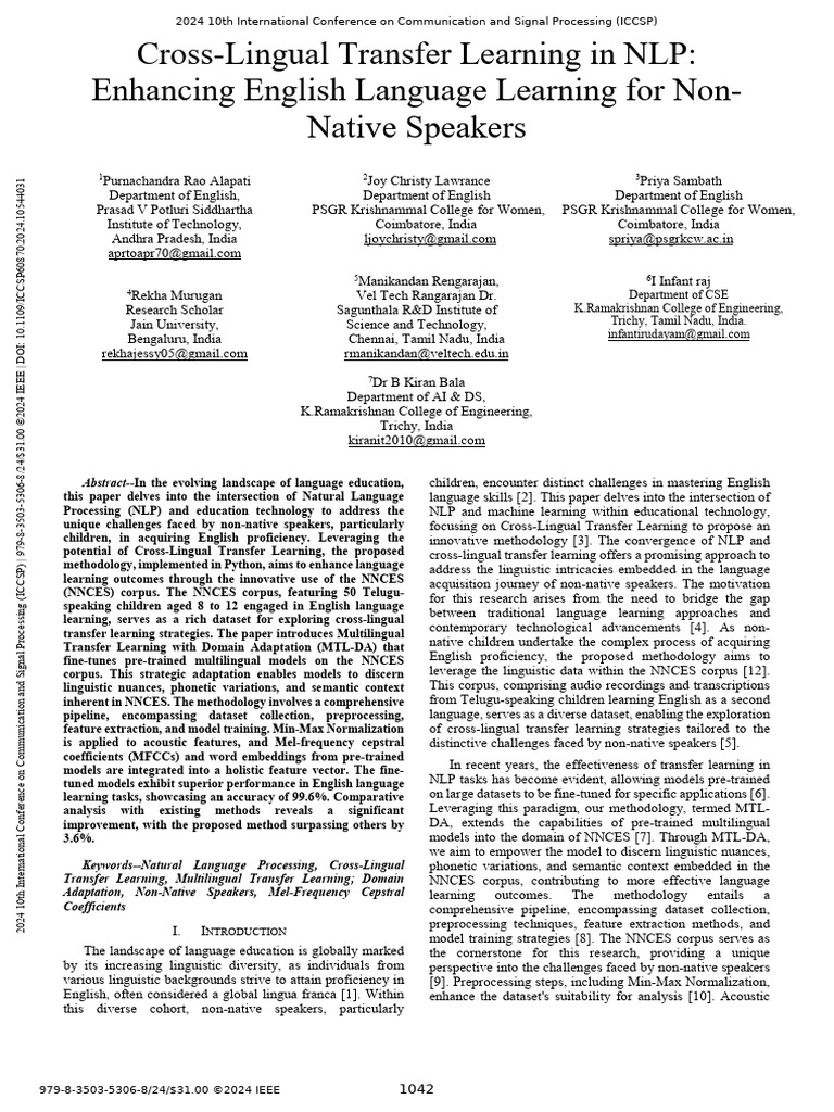 Cross-Lingual Transfer Learning in NLP Enhancing English Language Learning For Non-Native ...