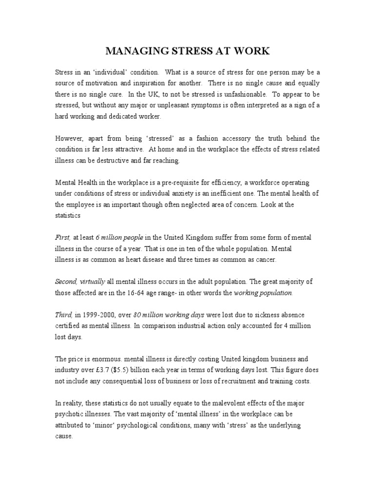 Managing Stress at Work | PDF | Stress (Biology) | Employment