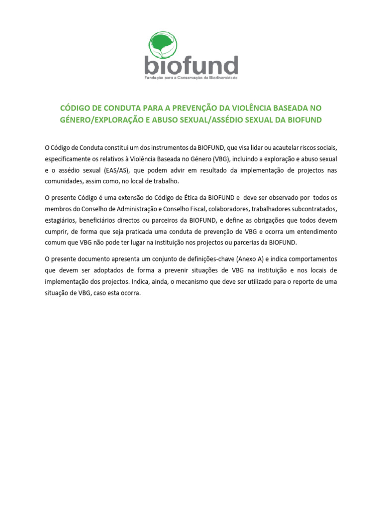 Código de Conduta contra VBG da BIOFUND | PDF | Gênero | Estudos de Gênero