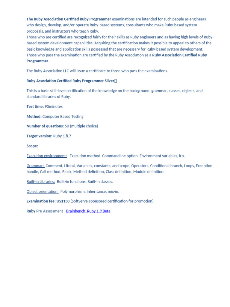 Ruby Association Certified Ruby Programmer Silver Pdf
