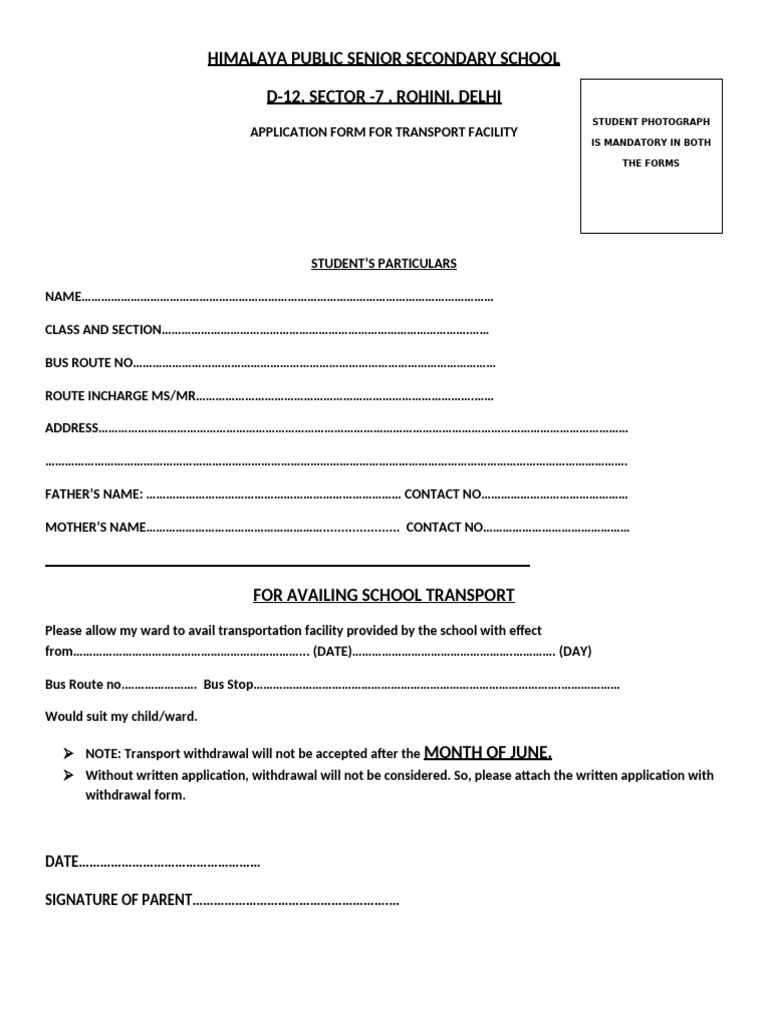 School Transport Facility Application Form | PDF | Bus | School Bus