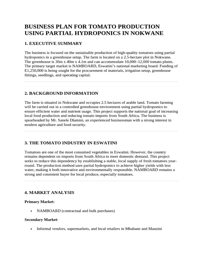 BUSINESS PLAN FOR TOMATO PRODUCTION USING PARTIAL HYDROPONICS IN ...