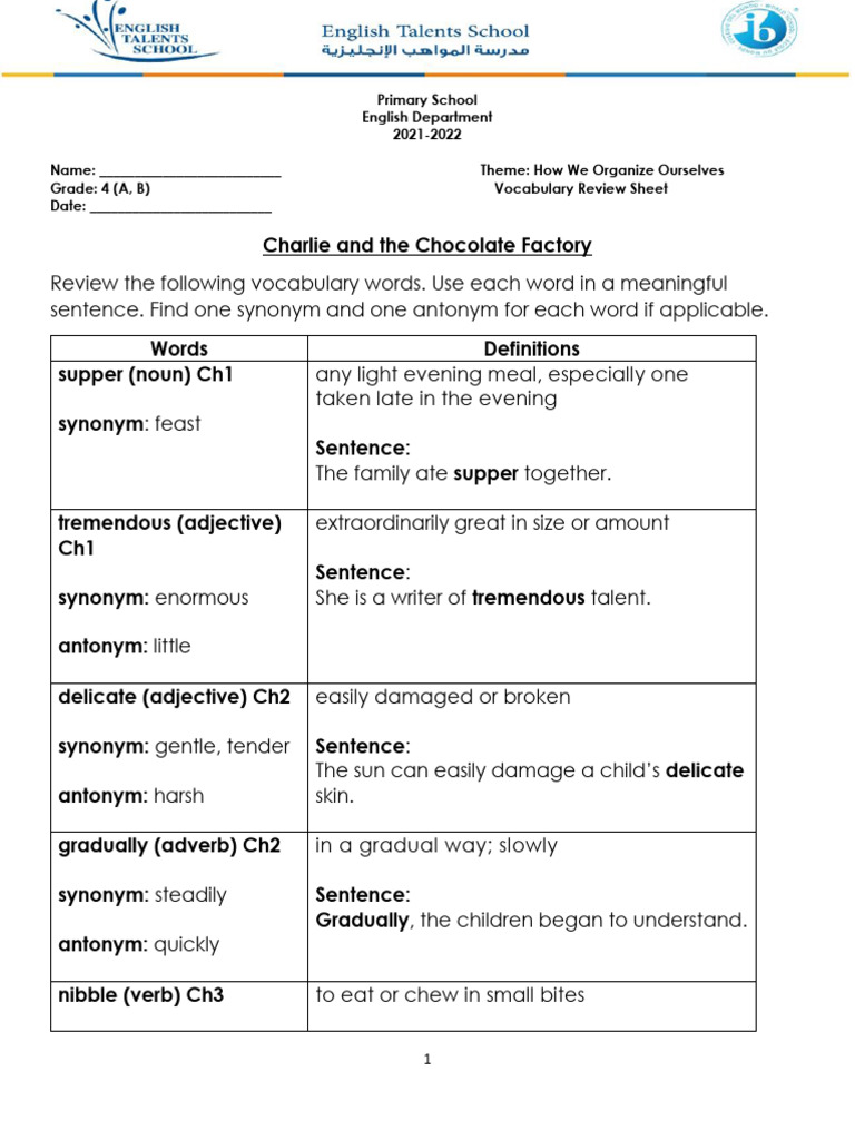 Grade 4 Vocabulary Answer Key - Charlie and The Chocolate Factory | PDF ...