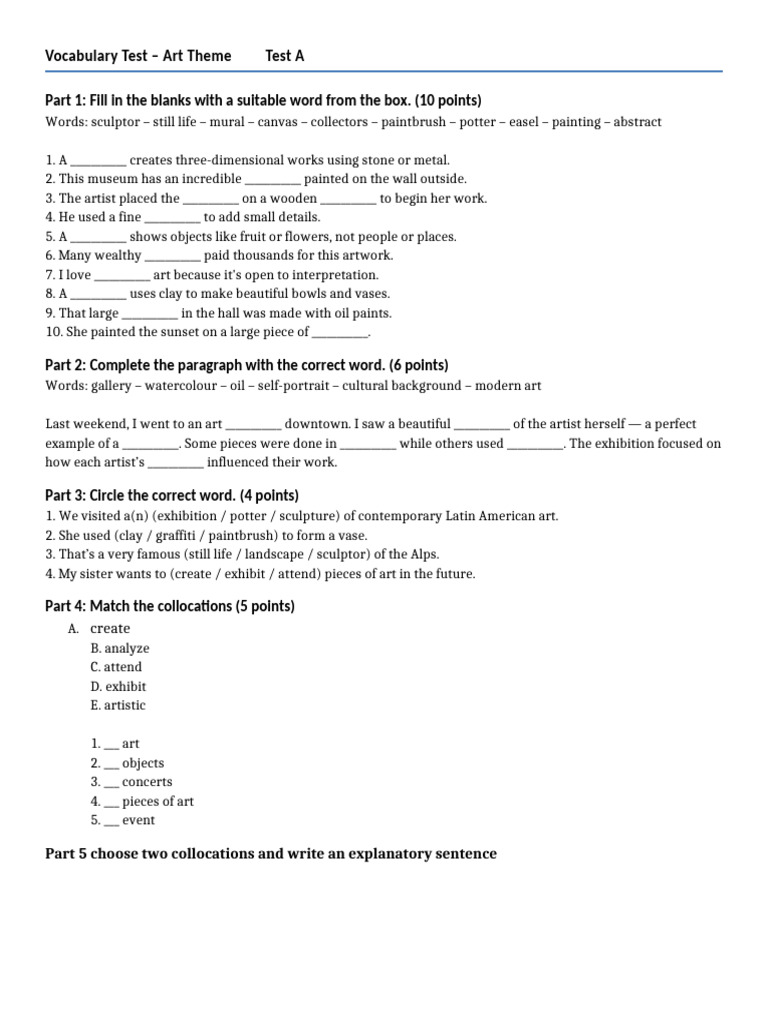 Art - Vocabulary - Tests A | PDF | Still Life | Visual Arts