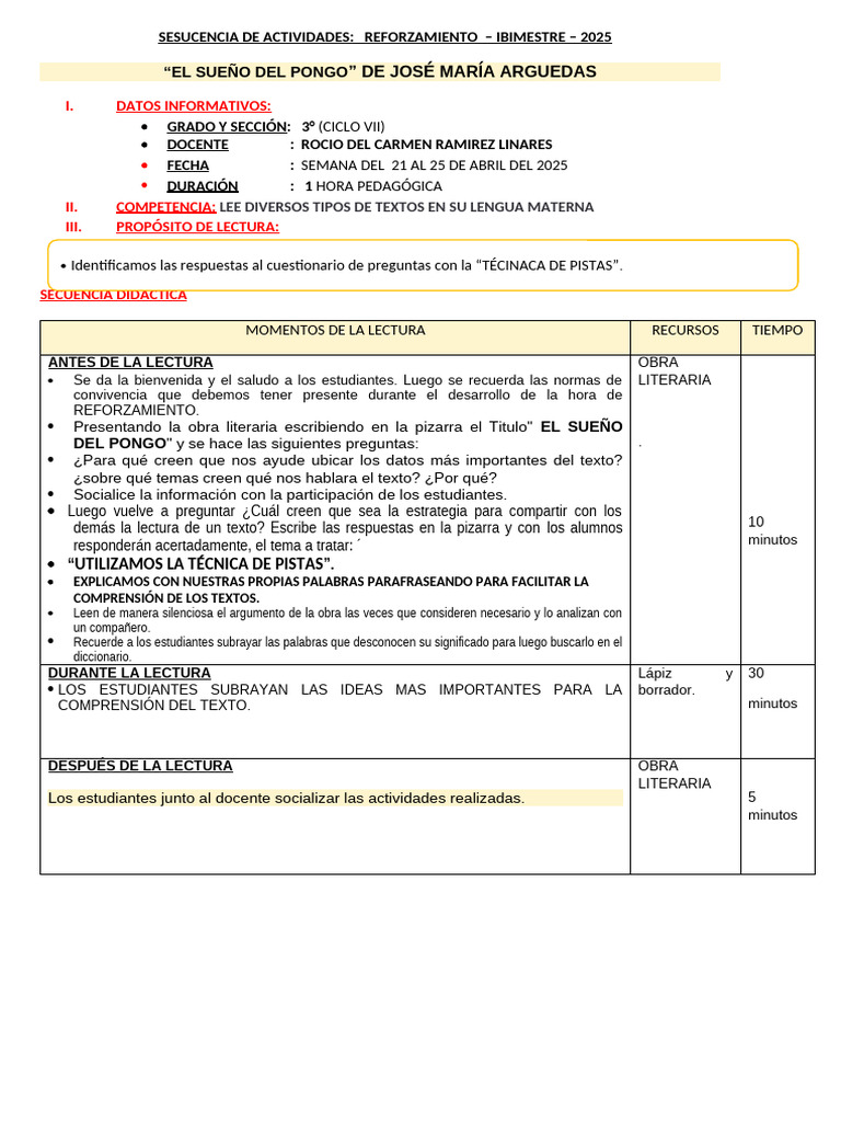 Sueño Del Pongo 3°rocio | PDF | Cognición | Comunicación humana