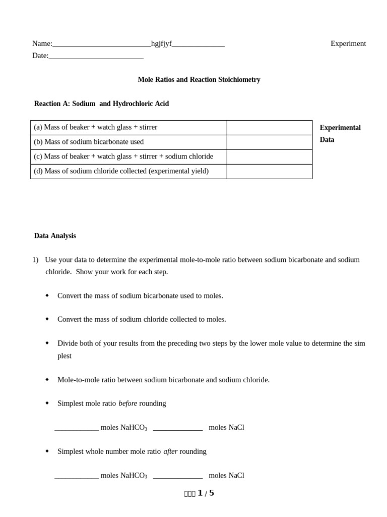 Worksheet Chapter3 Stoichiometry (학생용) | PDF | Stoichiometry | Chemical ...