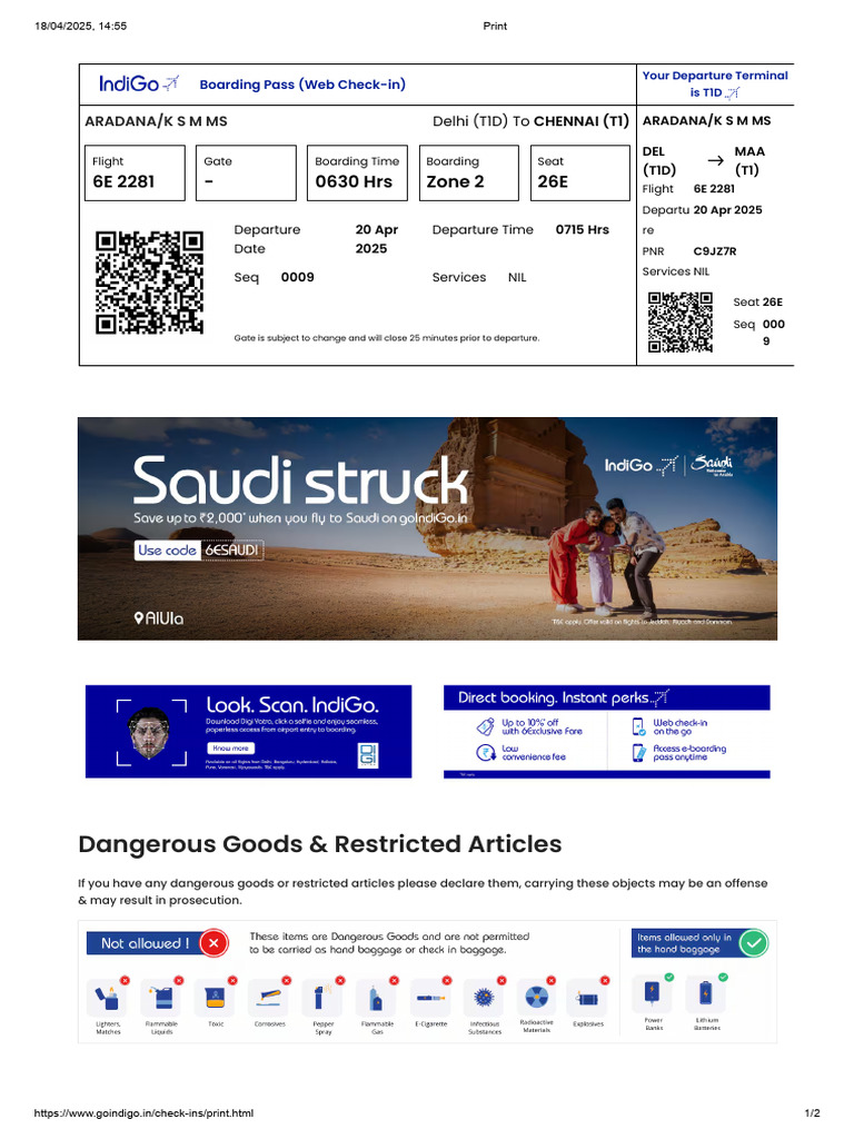 Boarding Pass Flight A NDLS To MS 200425 | PDF | Aviation
