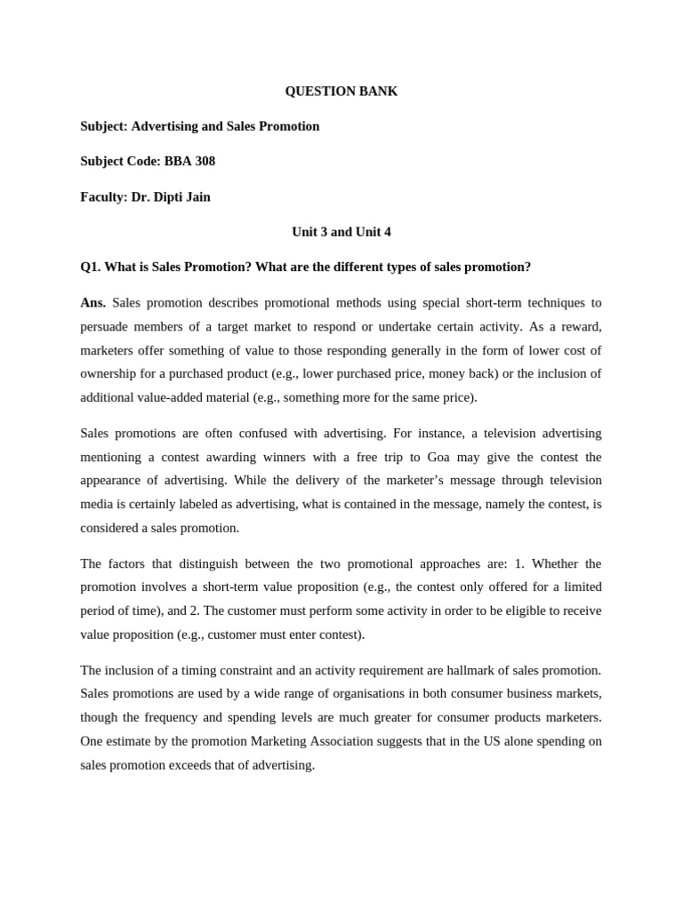 Advertising and Sales Promotion Question Bank Unit 3 and 4 | PDF ...