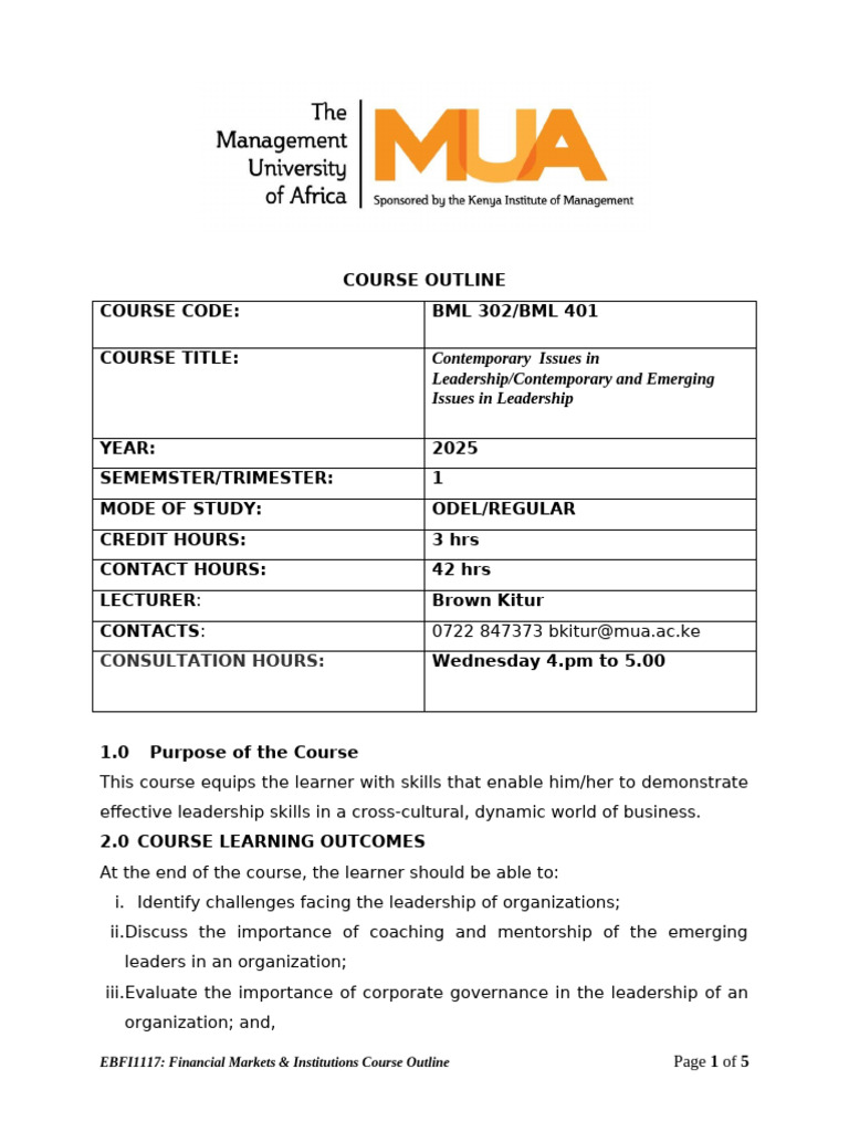 BML 302 BML 401 Course Outline | PDF | Entrepreneurship | Leadership