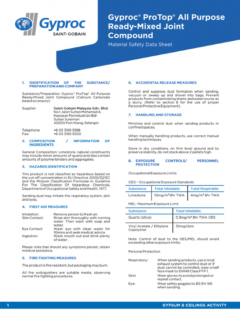 Gyproc Msds - Gyprocr Protopr All Purpose Ready-Mixed Joint Compound 1 ...