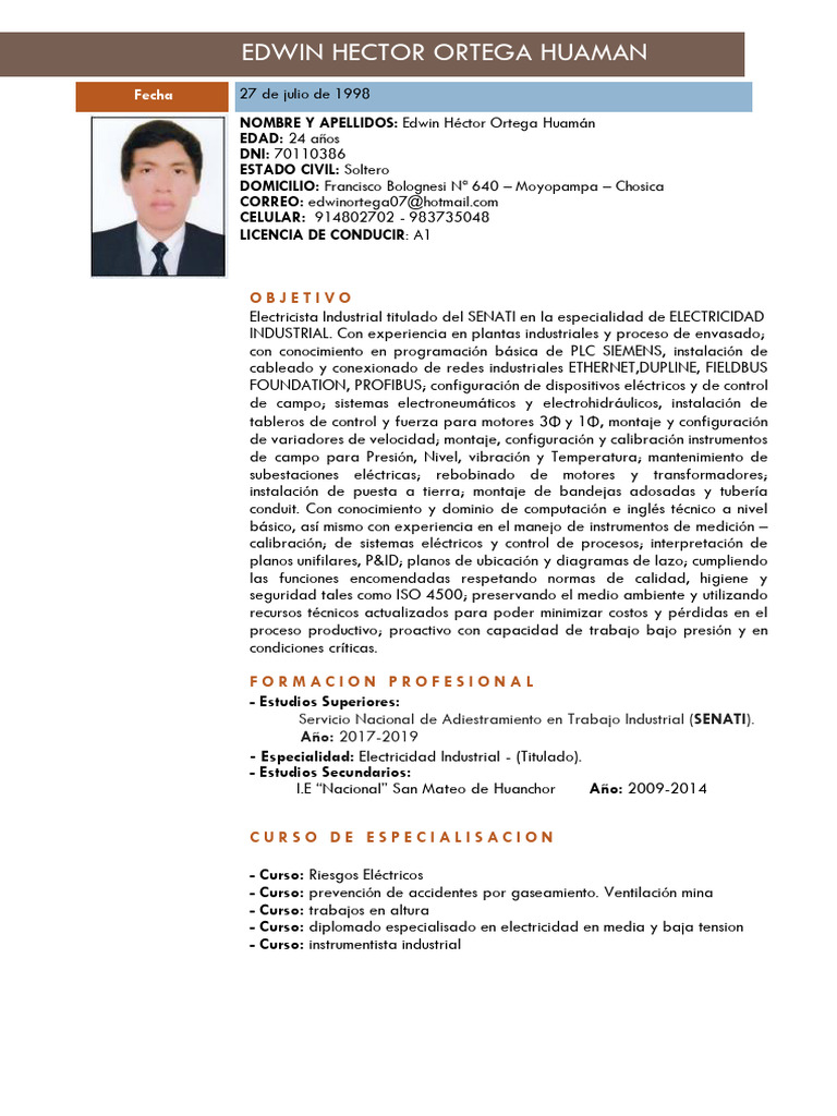 CV - Edwin Hector Ortega Huaman | PDF | Controlador lógico programable | Motores