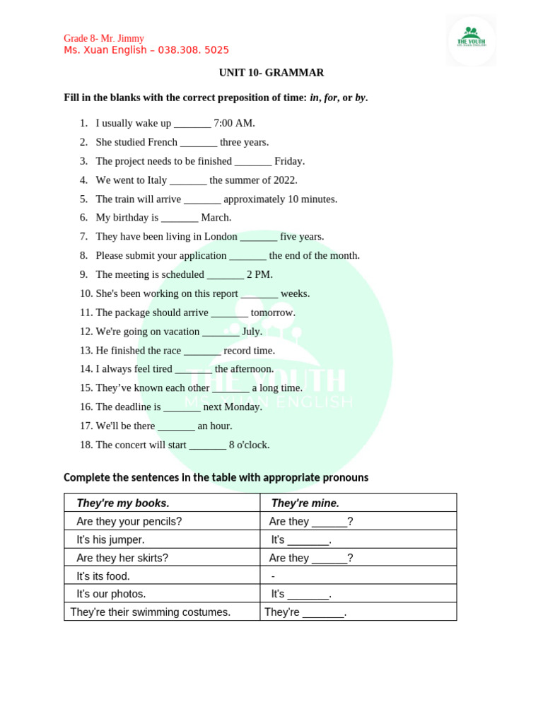 Unit 10- preposition of time | PDF