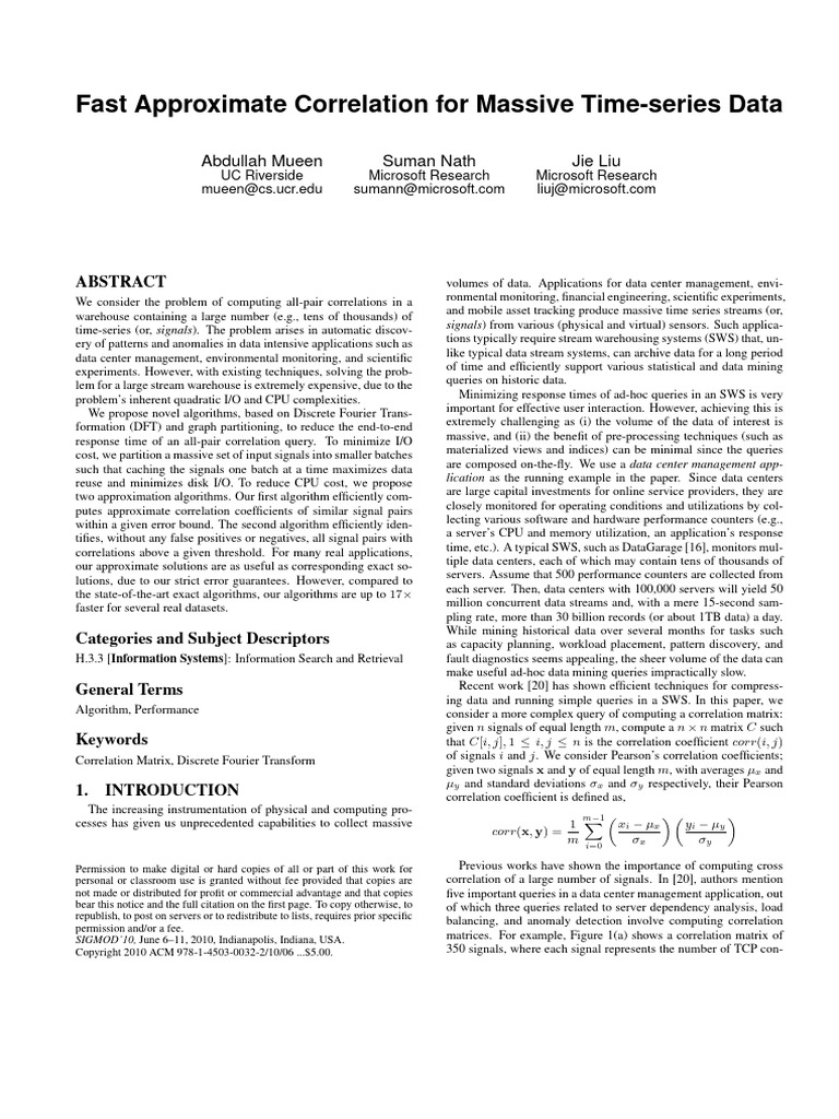 Fast Approximate Correlation for Massive Time-series Data - correlation-sigmod10 | PDF | Cache ...