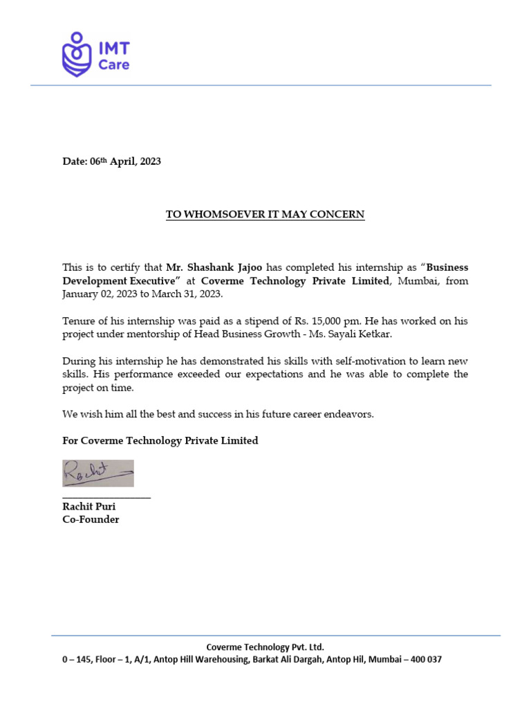 Internship Completion Certificate | PDF