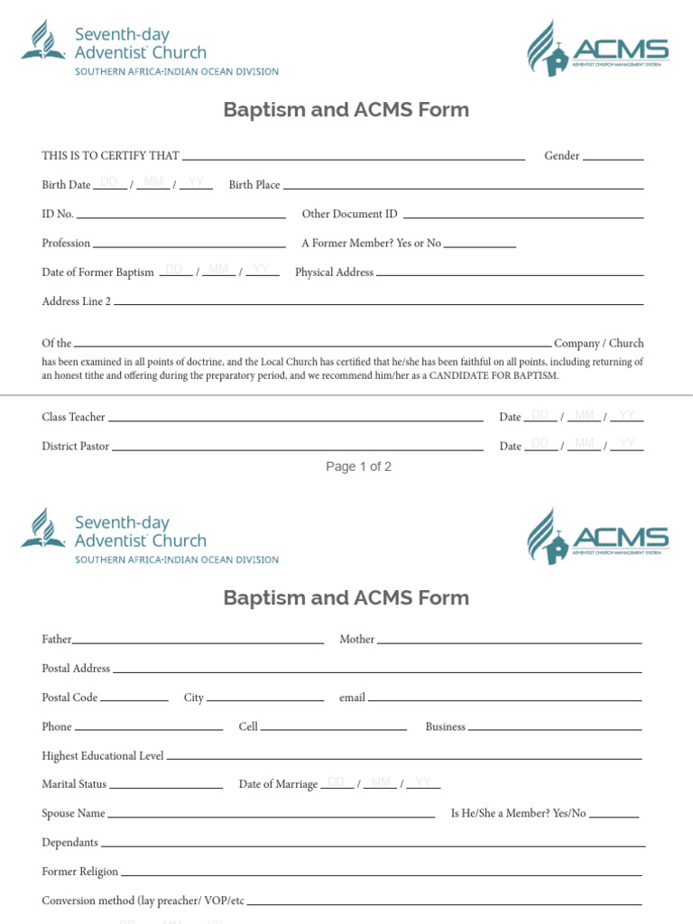 Baptism ACMS Form English | PDF