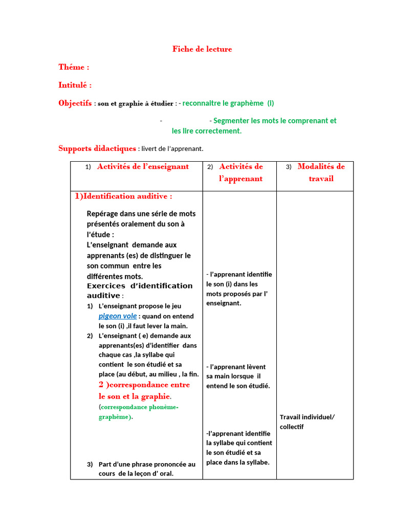 Fiche de lecture : son et graphie (i) | PDF | Syllabe | Linguistique