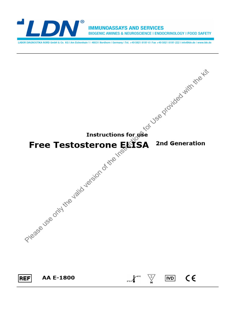 Free Testosterone ELISA IFU-AA-E-1800-V8.0a - wz-1 | PDF | Elisa