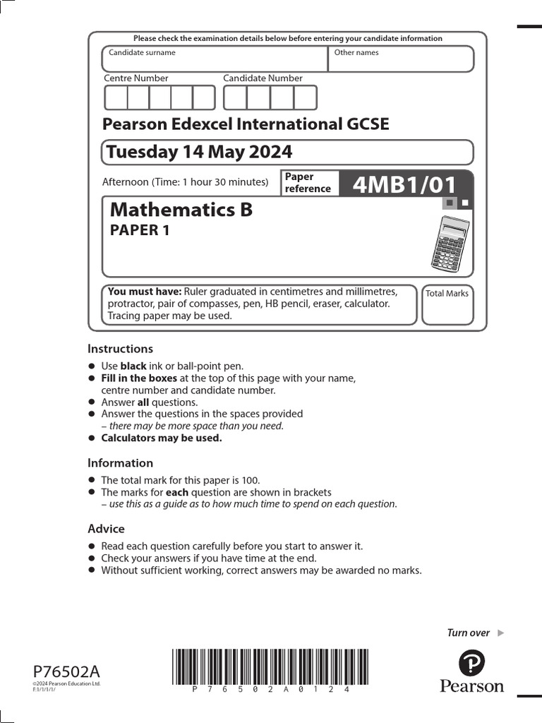 Edexcel International GCSE Math Paper 1 | PDF | Area | Triangle