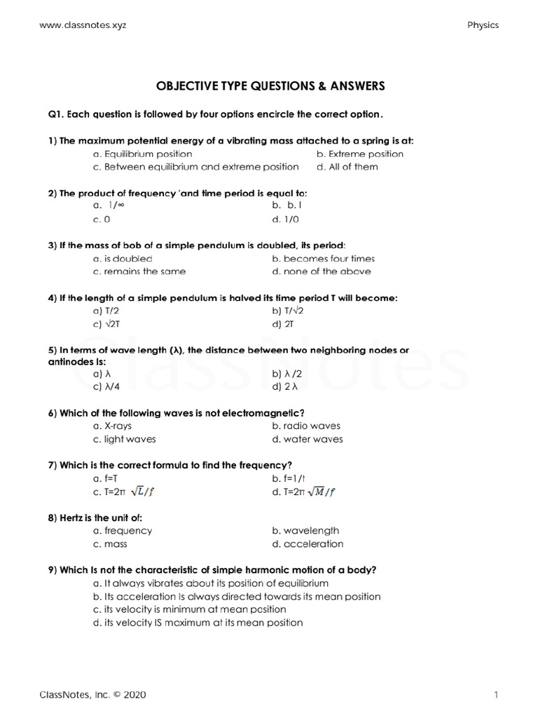 Physics - X - 10 - Important MCQs For FBISE Papers | PDF