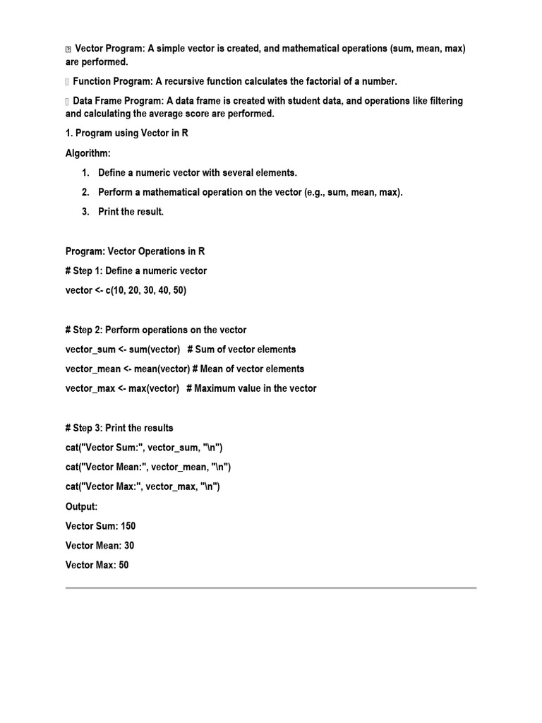 R Programming: Vectors, Functions, Data Frames | PDF | Function (Mathematics) | Mathematics