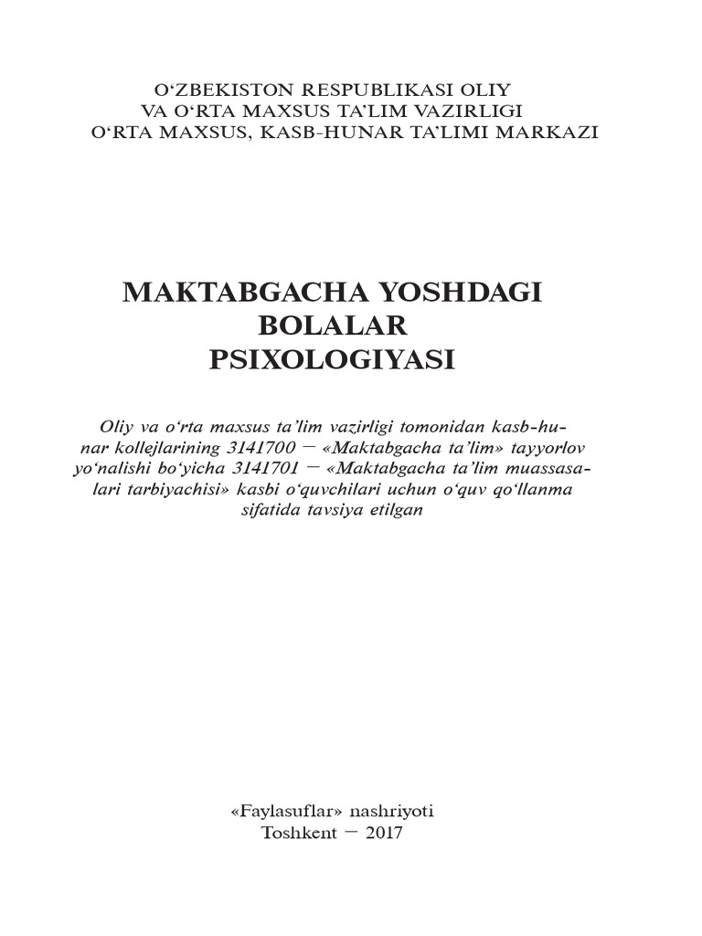 Namdu Arm 6220 Maktabgacha Yoshdagi Bolalar Psixologiyasi Pdf