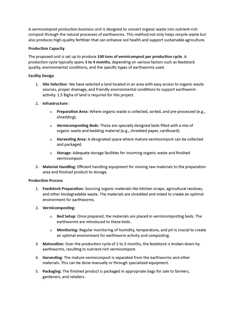 A vermicompost production business unit is designed to convert organic ...
