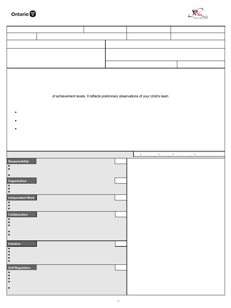 YRDSB Electronic Student Report Card - Elementary Progress Report Card ...