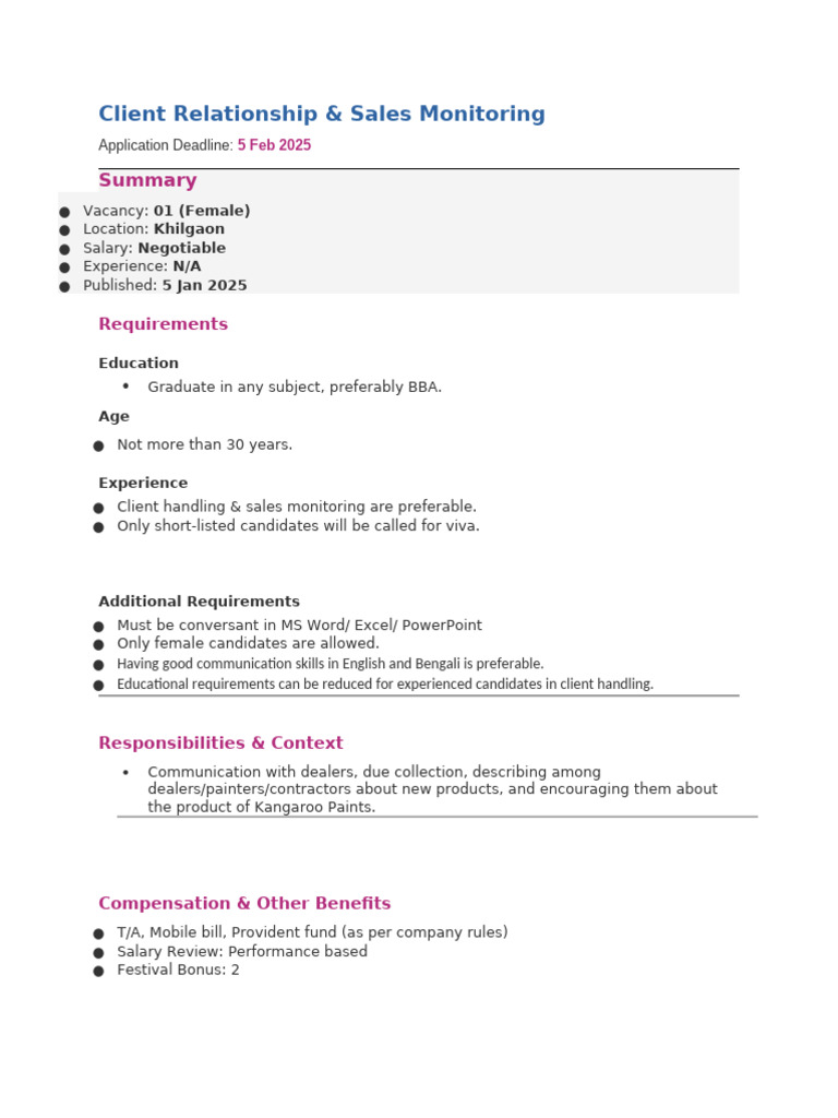 Client Relationship Role at Kangaroo Paints | PDF