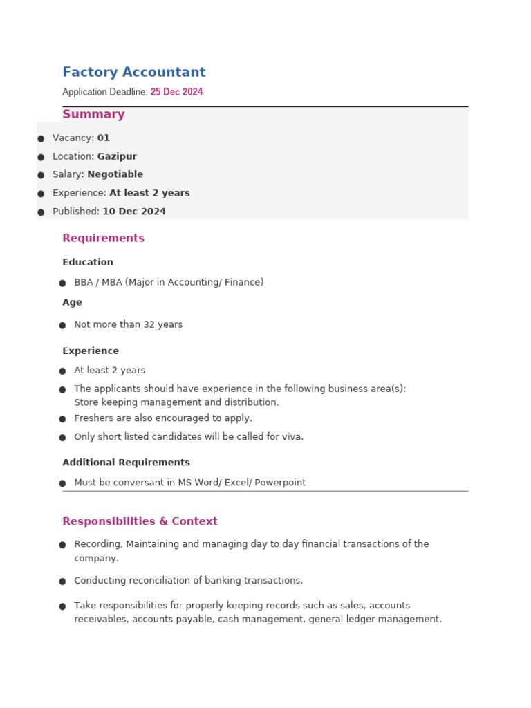 Factory Accountant Circular | PDF
