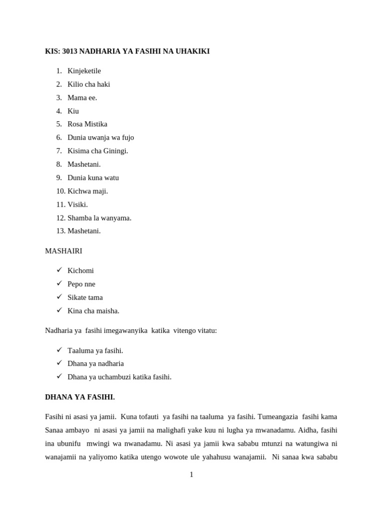 Nadharia Za Fasihi. (Kisw 212) | PDF