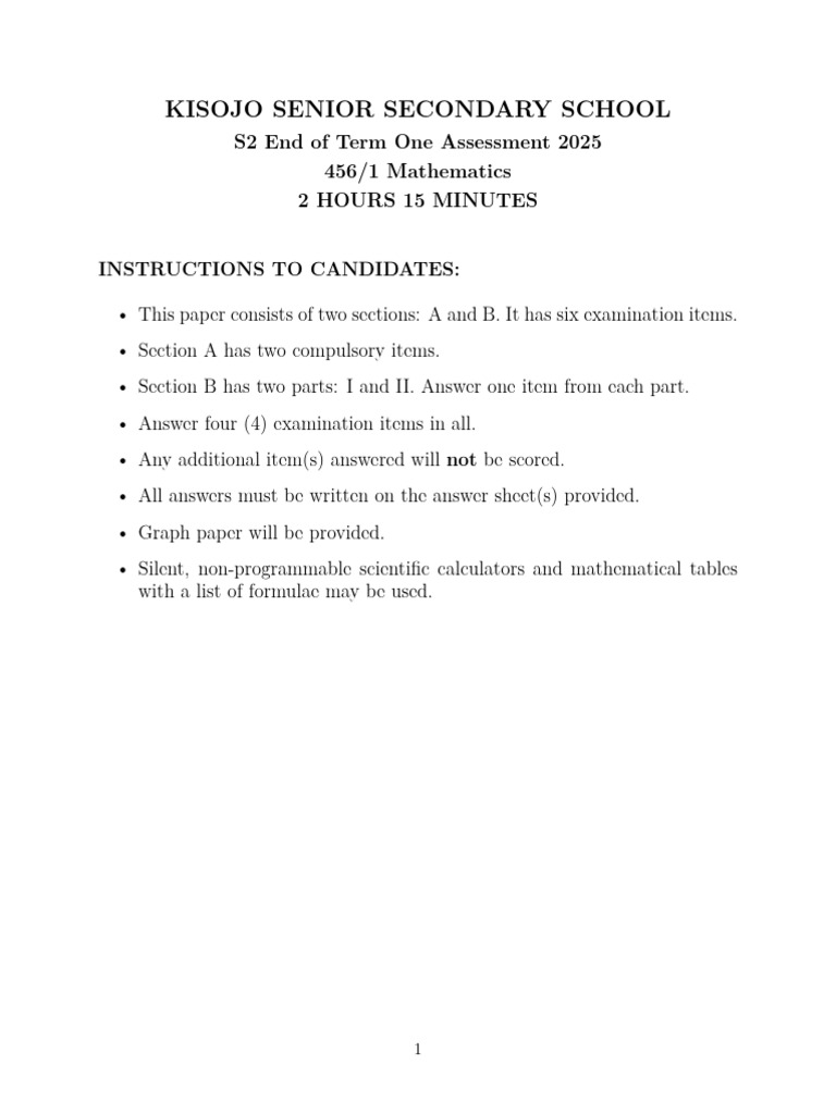 Mathematics Assessment S2 2025 | PDF | Disinfectant | Water