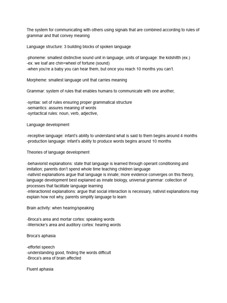 Language and Thought Psychology Notes | PDF | Language Development | Speech