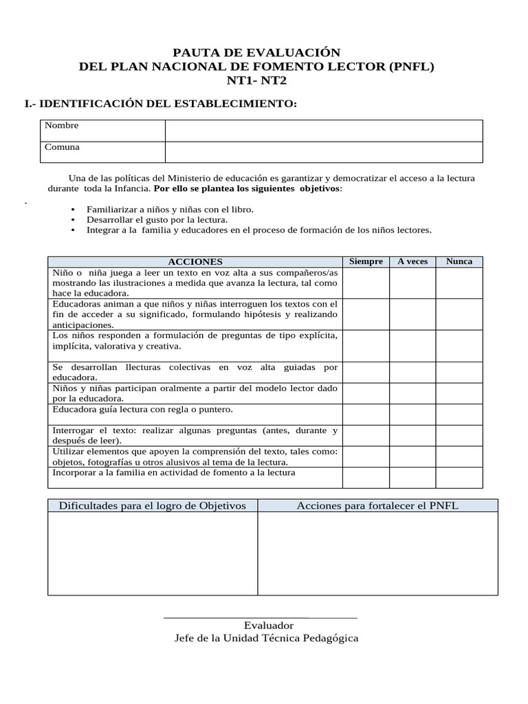Pauta de Evaluación Del Plan Lector NT1 - NT2 | PDF
