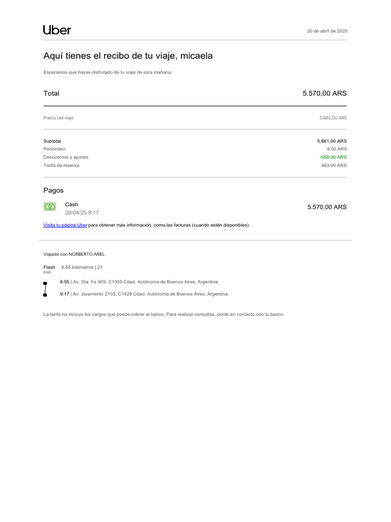 Recibo de viaje Uber - 20 abril 2025 | PDF