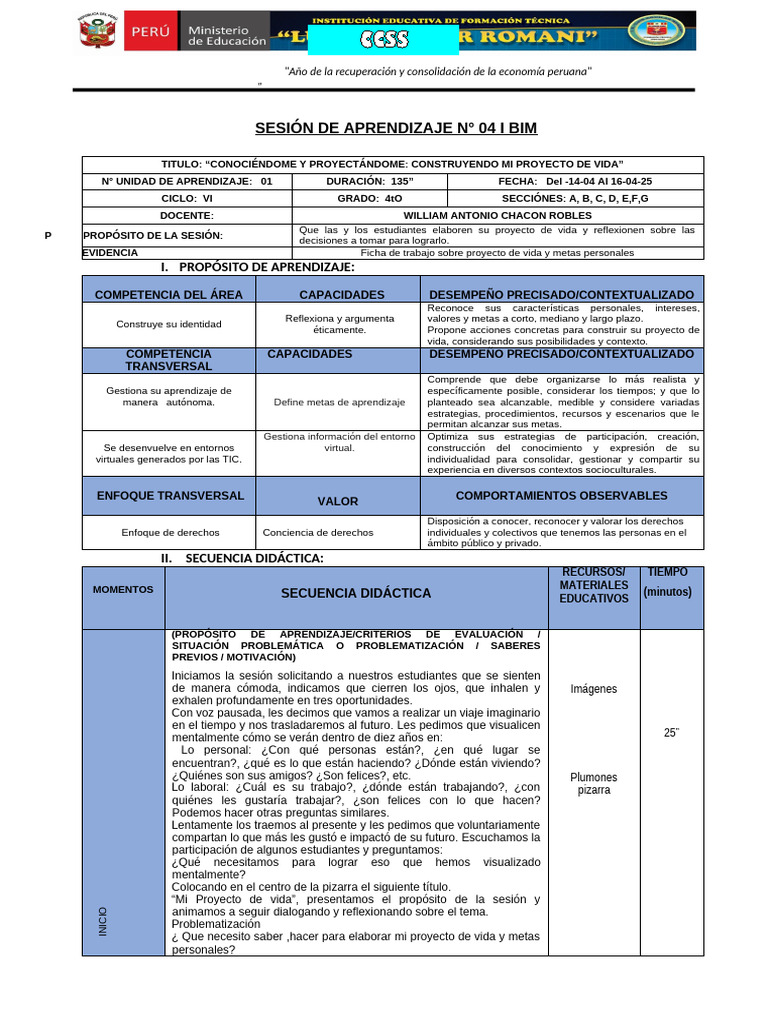 Sesión de Aprendizaje #04 Proyecto de Vida DPCC Cuarto I Bim | PDF | Aprendizaje | Evaluación