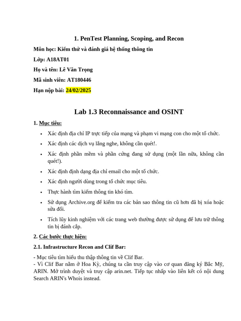 PenTest Planning, Scoping, and Recon - Worksheet | PDF