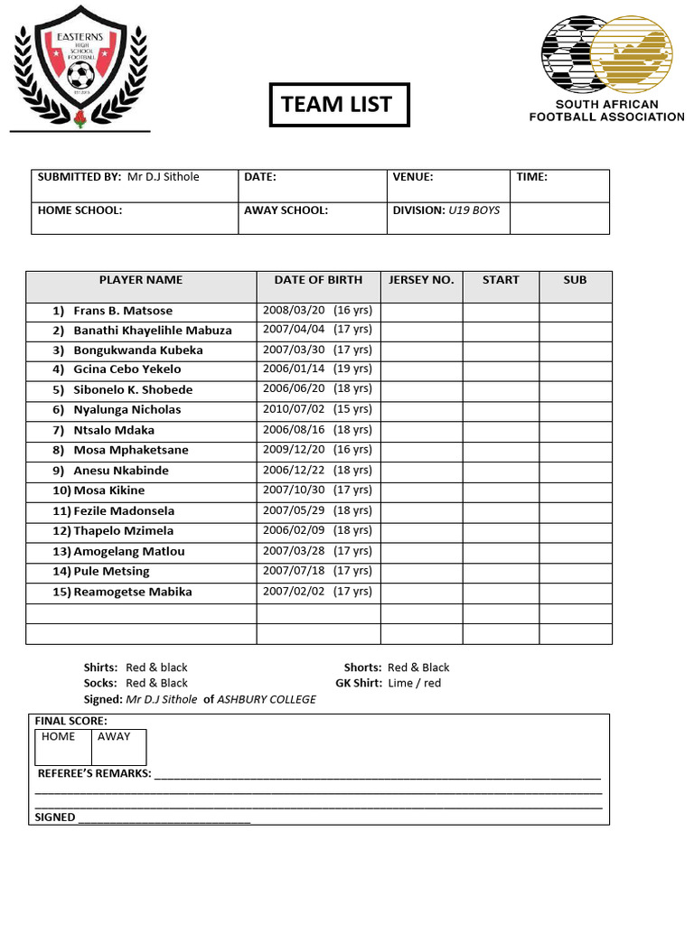 U19 Boys Team Sheet - Safa | PDF