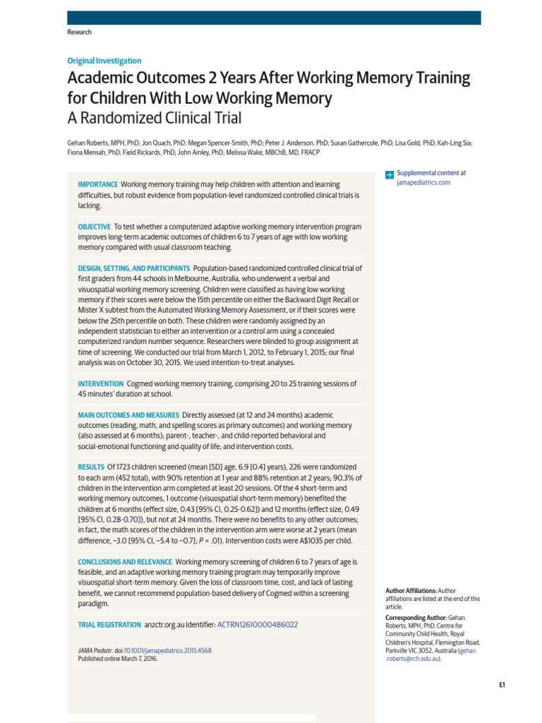 ΓΙΑ ΕΡΩΤΗΣΗ 4 roberts2016 ACADEMIC OUTCOMES 2 YEARS AFTER WORKING MEMORY TRAINING | PDF ...