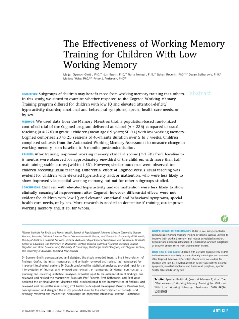 ΓΙΑ ΕΡΩΤΗΣΗ 4 spencer-smith2020 THE EFFECTIVENESS OF WORKING MEMORY | PDF | Attention Deficit ...