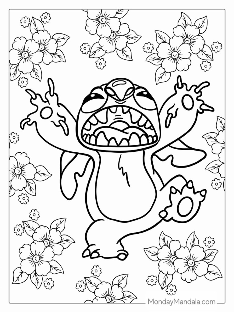 Scary Stitch With Hibiscus Flowers Coloring Page | PDF