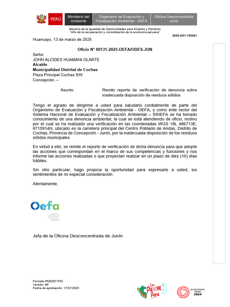 Oficio 131-2025. OEFA. MD Cochas Sobre Verificación RRSS VF | PDF