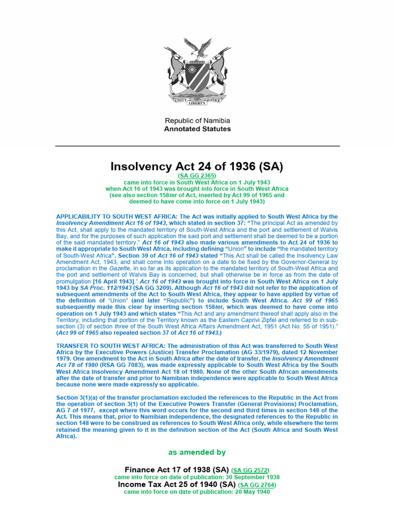 Insolvency Act 24 of 1936 Overview | PDF | Bankruptcy | Liquidation