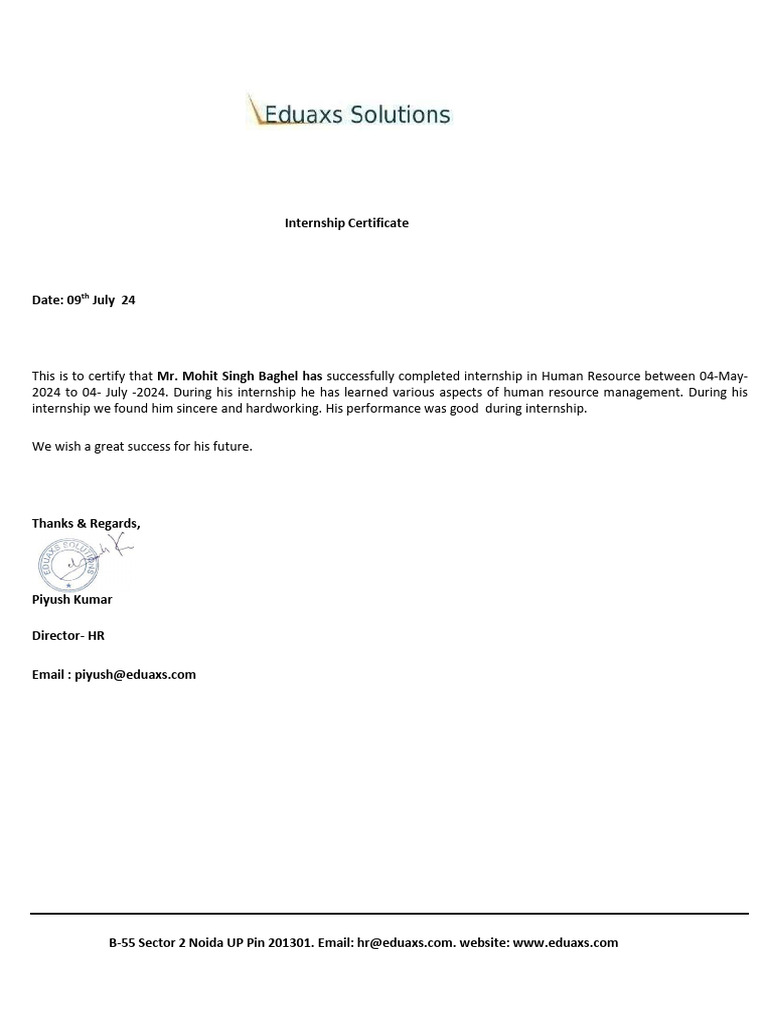 Internship Certificate Mohit Singh Baghel | PDF