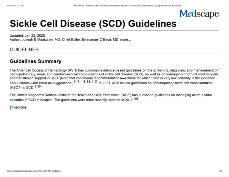 Sickle Cell Disease (SCD) Guidelines - Guidelines Summary, Pulmonary Hypertension, Sleep ...
