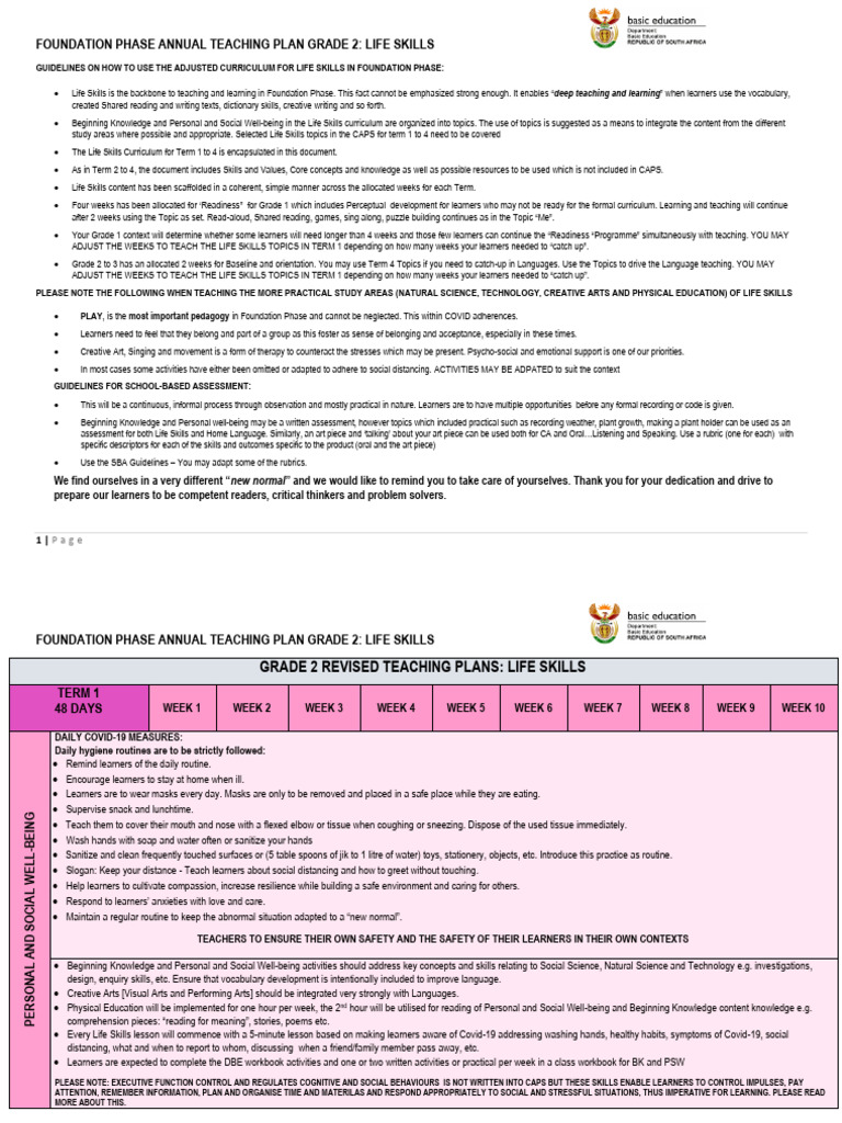 2022 Grade 2 Combined Life Skills Revised Teaching Plans | PDF ...