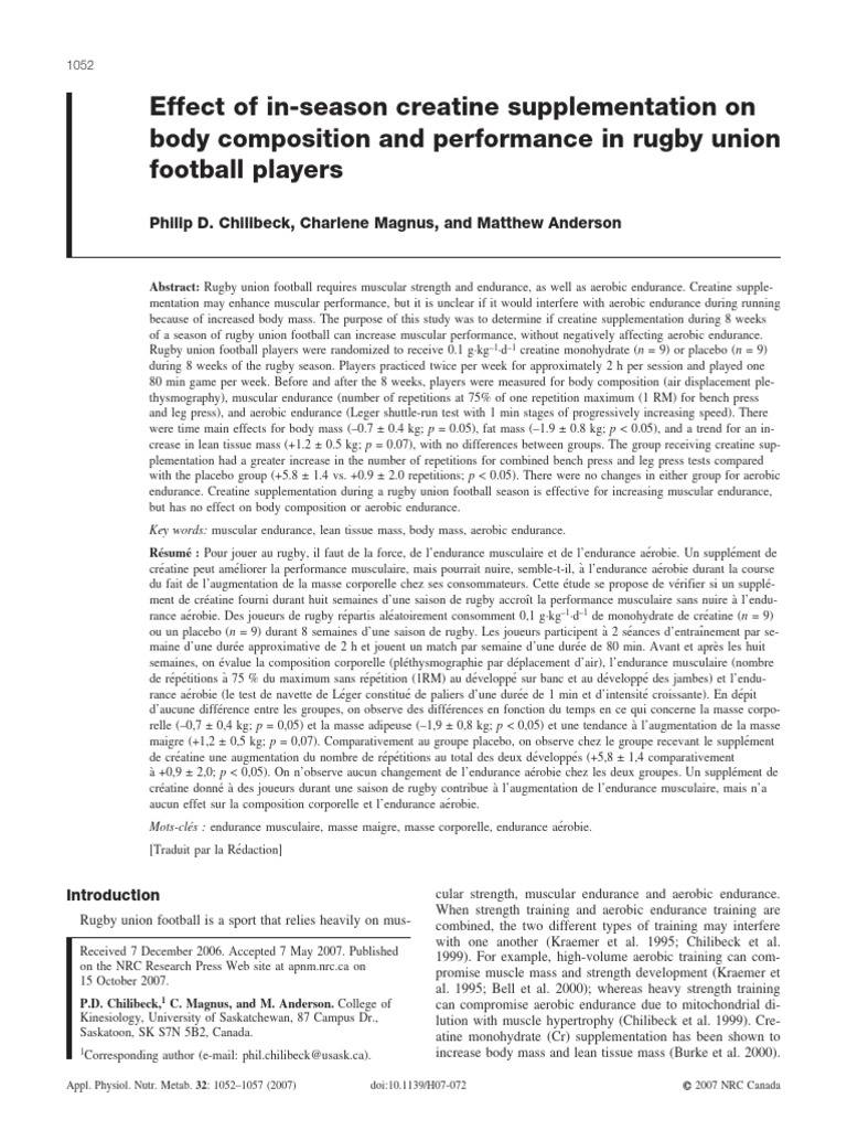 2007 Chilibeck Et Creatine and Body Composition in Soccer and Rugby ...