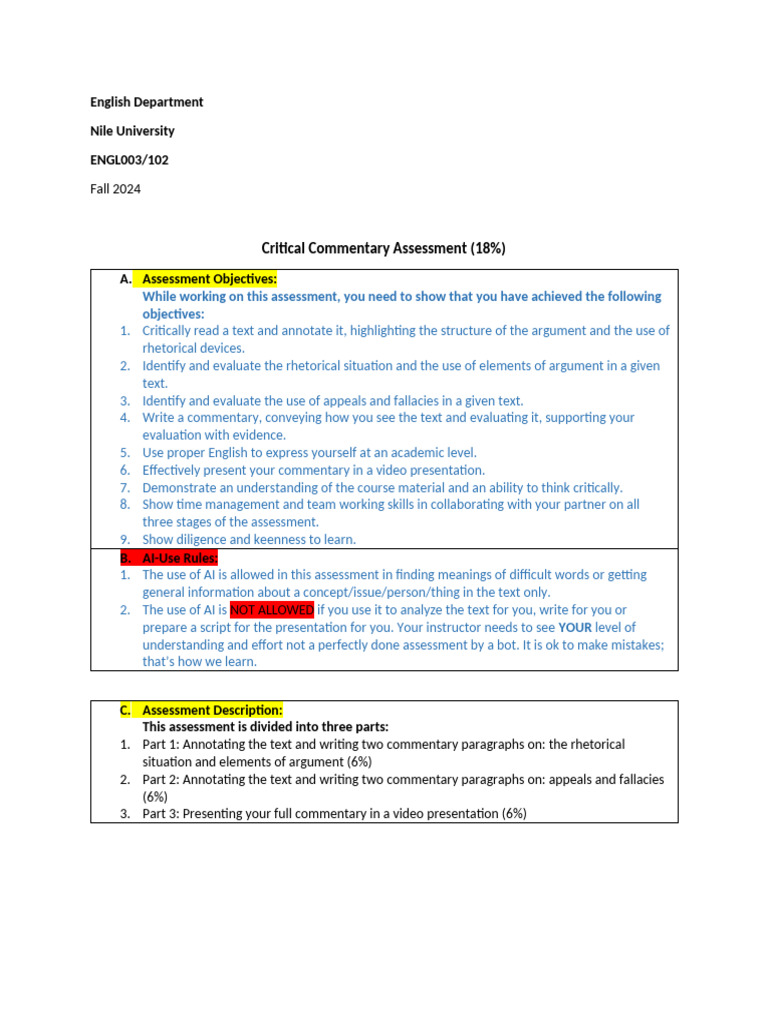 Commentary Assessment - Video Presentation (6%) | PDF | Argument | Fallacy