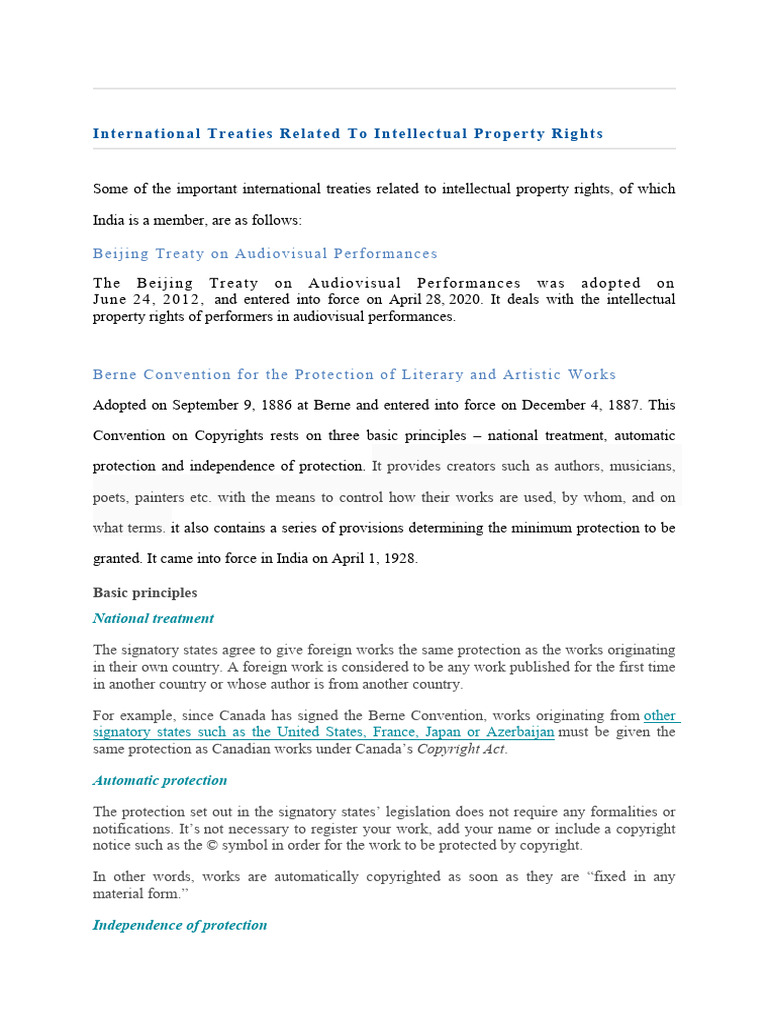 Key International IP Treaties Overview | PDF | Copyright | World ...