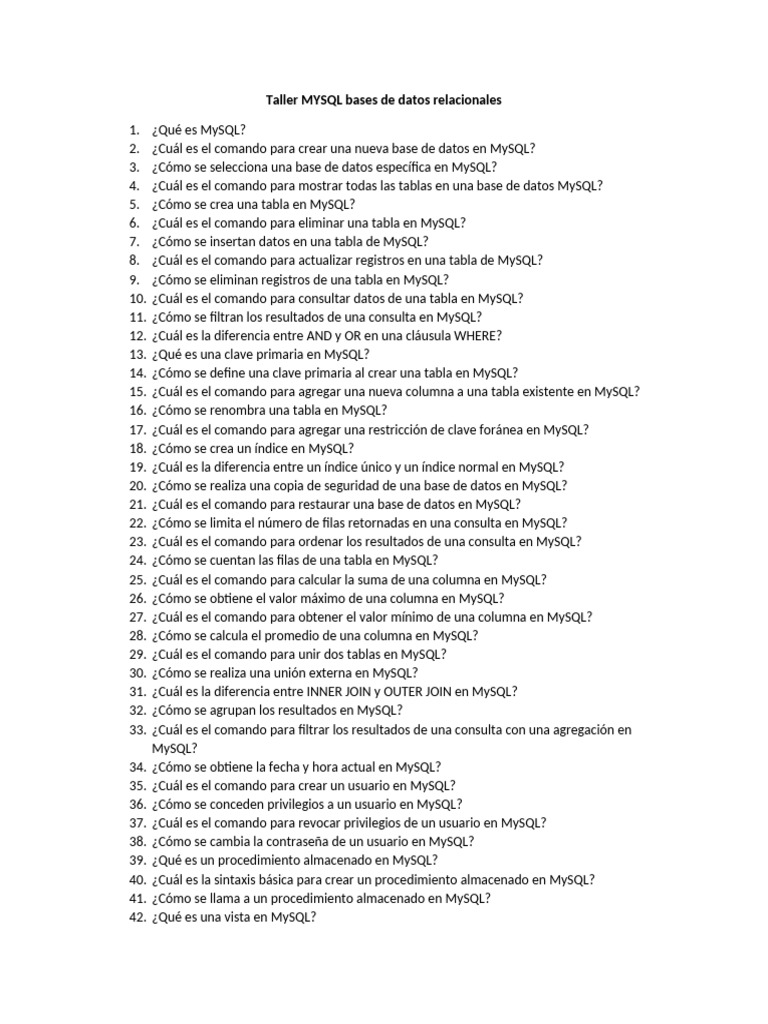 Taller MYSQL Bases de Datos Relacionales | PDF | Bases de datos | Mi sql