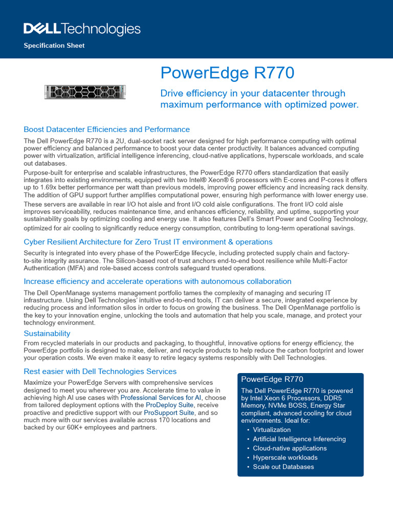 Poweredge r770 Spec Sheet | PDF | Data Center | Dell
